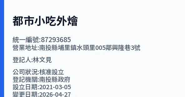 都市小吃外燴的照片-統編 87293685(南投縣) 公司登記資料與營業項目詳細圖表