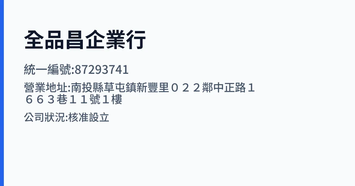 全品昌企業行 - 統編 87293741(南投縣) 公司登記資料與營業項目詳細圖表