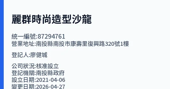 麗群時尚造型沙龍的照片-統編 87294761(南投縣) 公司登記資料與營業項目詳細圖表