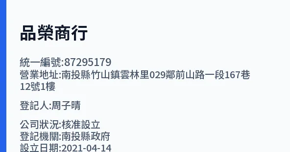 品榮商行的照片-統編 87295179(南投縣) 公司登記資料與營業項目詳細圖表