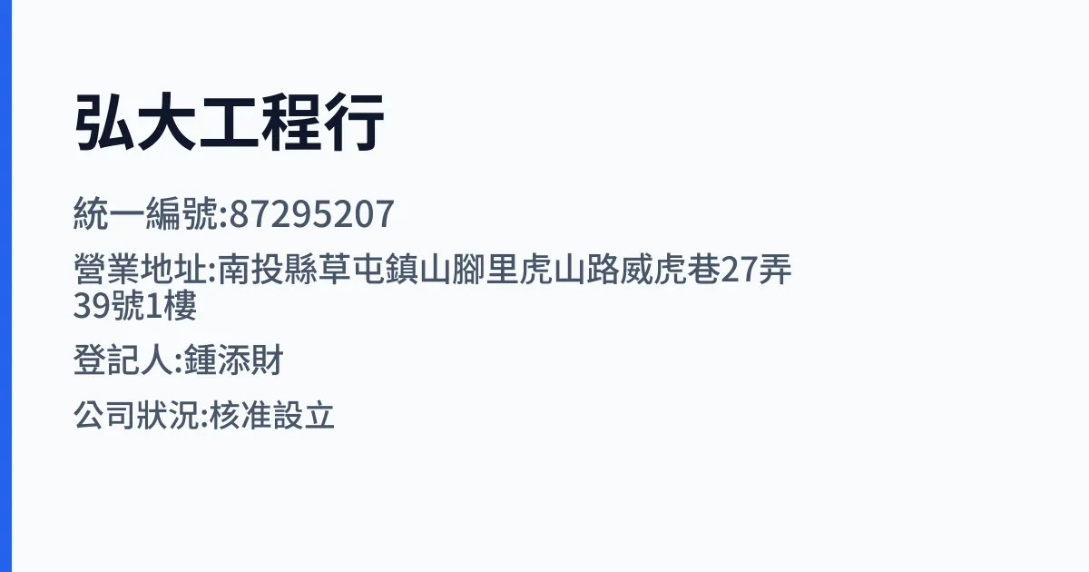 弘大工程行 - 統編 87295207（南投縣） 公司登記資料與營業項目詳細圖表