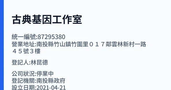 古典基因工作室的照片-統編 87295380(南投縣) 公司登記資料與營業項目詳細圖表