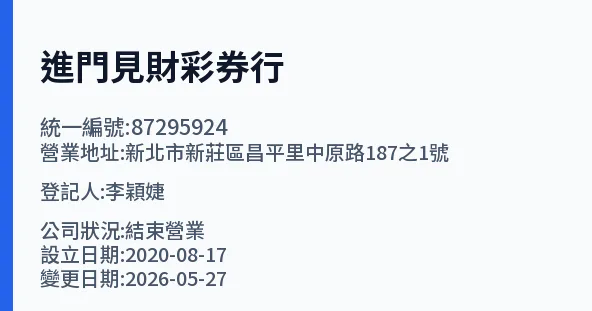 進門見財彩券行的照片-統編 87295924(新北市) 公司登記資料與營業項目詳細圖表