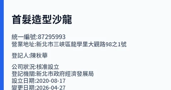 首髮造型沙龍的照片-統編 87295993(新北市) 公司登記資料與營業項目詳細圖表