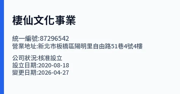 棲仙文化事業的照片-統編 87296542(新北市) 公司登記資料與營業項目詳細圖表