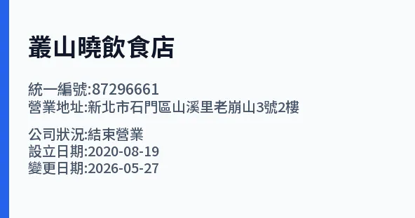叢山曉飲食店的照片-統編 87296661(新北市) 公司登記資料與營業項目詳細圖表