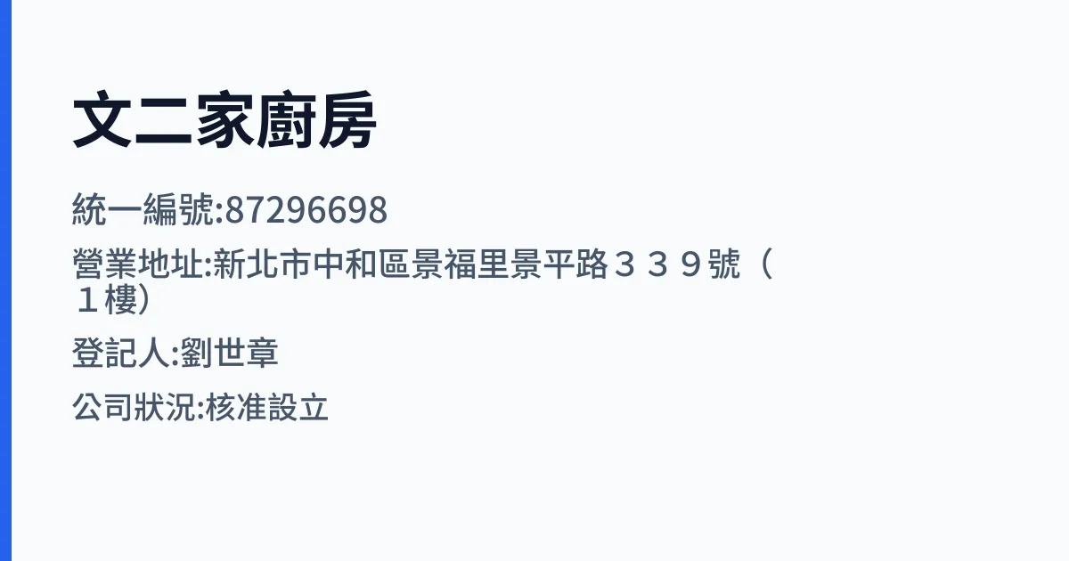 文二家廚房 - 統編 87296698(新北市) 公司登記資料與營業項目詳細圖表