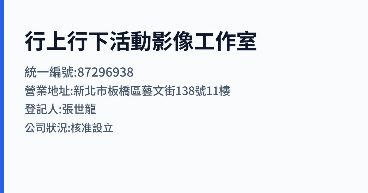 行上行下活動影像工作室 - 統編 87296938(新北市) 公司登記資料與營業項目詳細圖表