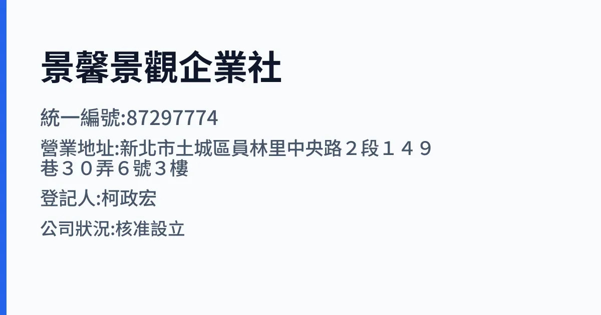 景馨景觀企業社 - 統編 87297774(新北市) 公司登記資料與營業項目詳細圖表