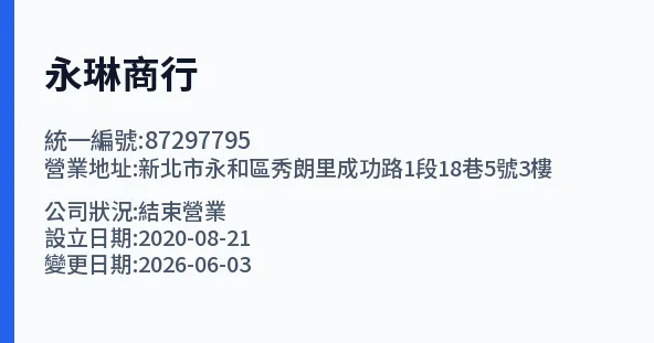 永琳商行的照片-統編 87297795(新北市) 公司登記資料與營業項目詳細圖表