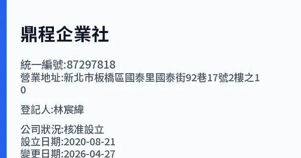鼎程企業社的照片-統編 87297818(新北市) 公司登記資料與營業項目詳細圖表