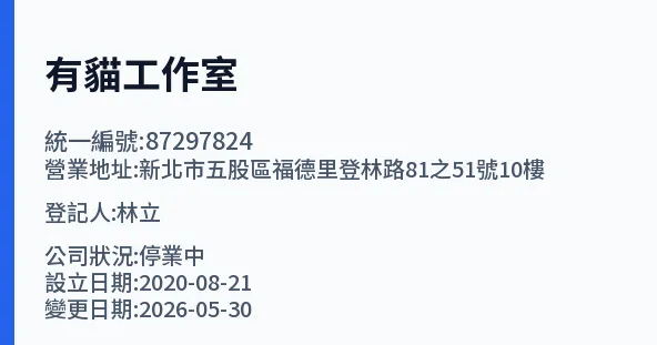 有貓工作室的照片-統編 87297824(新北市) 公司登記資料與營業項目詳細圖表