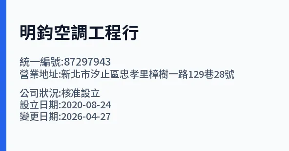 明鈞空調工程行的照片-統編 87297943(新北市) 公司登記資料與營業項目詳細圖表