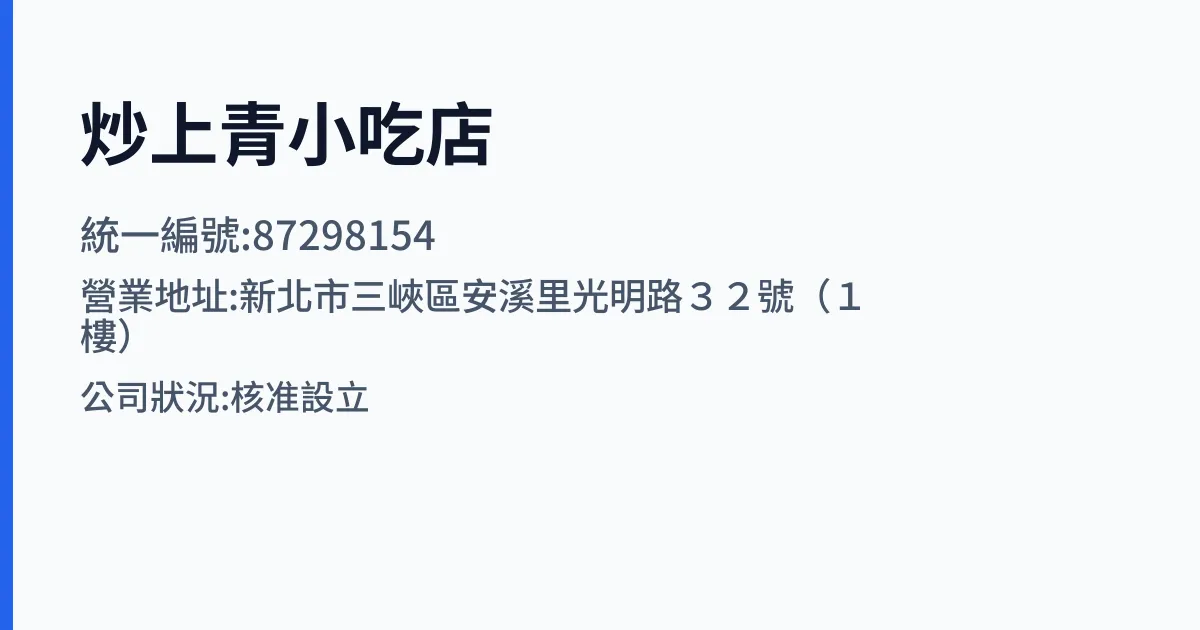 炒上青小吃店 - 統編 87298154(新北市) 公司登記資料與營業項目詳細圖表
