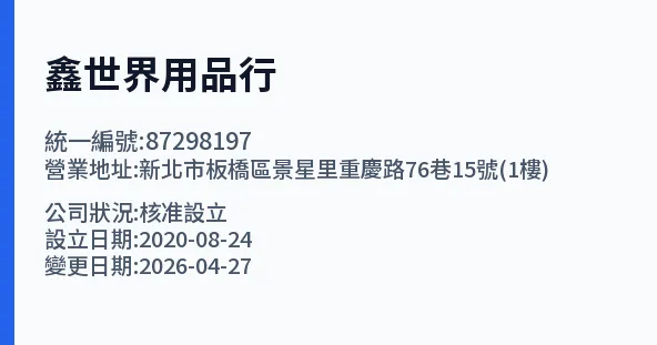 鑫世界用品行的照片-統編 87298197(新北市) 公司登記資料與營業項目詳細圖表