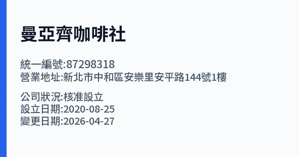 曼亞齊咖啡社的照片-統編 87298318(新北市) 公司登記資料與營業項目詳細圖表