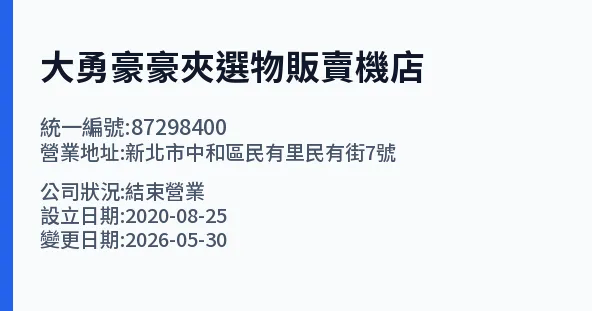 大勇豪豪夾選物販賣機店的照片-統編 87298400(新北市) 公司登記資料與營業項目詳細圖表