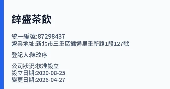 鋅盛茶飲的照片-統編 87298437(新北市) 公司登記資料與營業項目詳細圖表