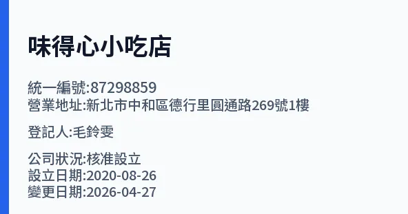 味得心小吃店的照片-統編 87298859(新北市) 公司登記資料與營業項目詳細圖表
