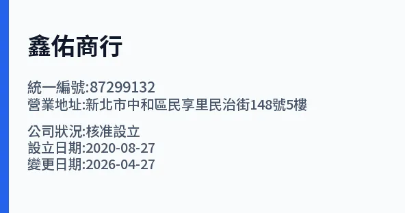 鑫佑商行的照片-統編 87299132(新北市) 公司登記資料與營業項目詳細圖表