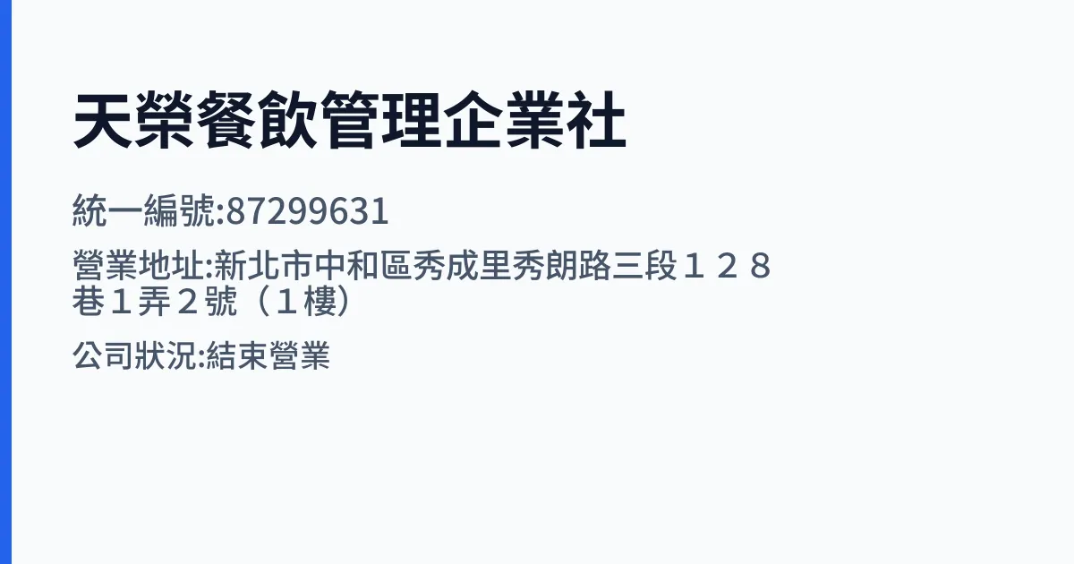 天榮餐飲管理企業社 - 統編 87299631(新北市) 公司登記資料與營業項目詳細圖表