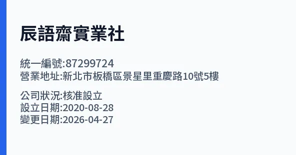 辰語齋實業社的照片-統編 87299724(新北市) 公司登記資料與營業項目詳細圖表