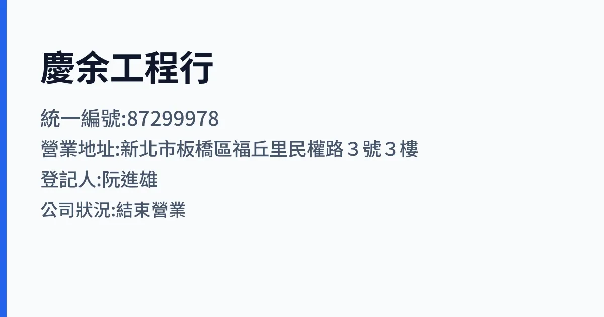 慶余工程行 - 統編 87299978(新北市) 公司登記資料與營業項目詳細圖表
