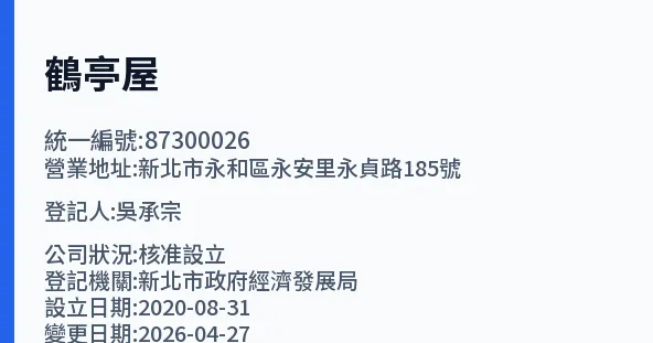 鶴亭屋的照片-統編 87300026(新北市) 公司登記資料與營業項目詳細圖表