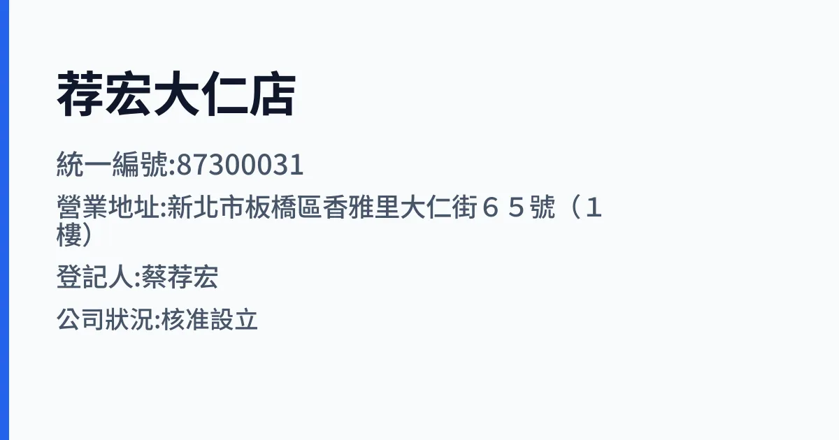 荐宏大仁店 - 統編 87300031(新北市) 公司登記資料與營業項目詳細圖表