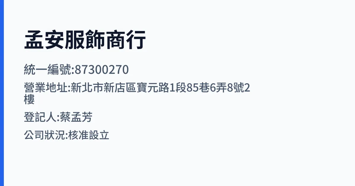 孟安服飾商行 - 統編 87300270(新北市) 公司登記資料與營業項目詳細圖表