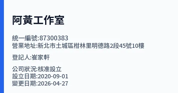 阿黃工作室的照片-統編 87300383(新北市) 公司登記資料與營業項目詳細圖表