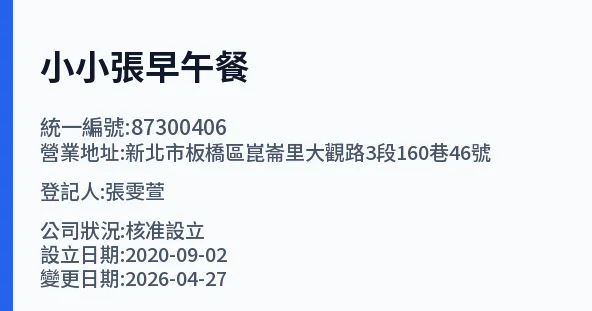 小小張早午餐的照片-統編 87300406(新北市) 公司登記資料與營業項目詳細圖表