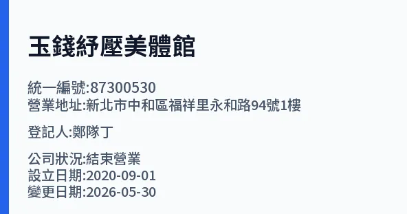玉錢紓壓美體館的照片-統編 87300530(新北市) 公司登記資料與營業項目詳細圖表