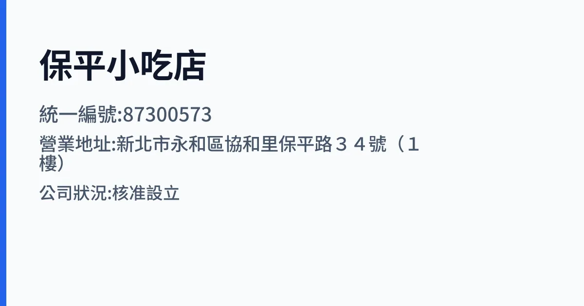 保平小吃店 - 統編 87300573(新北市) 公司登記資料與營業項目詳細圖表