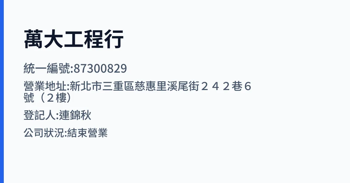 萬大工程行 - 統編 87300829(新北市) 公司登記資料與營業項目詳細圖表