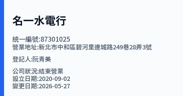 名一水電行的照片-統編 87301025(新北市) 公司登記資料與營業項目詳細圖表