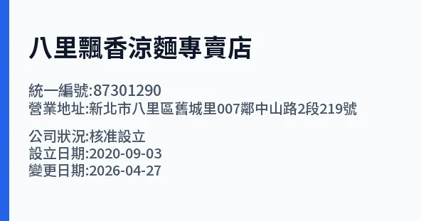八里飄香涼麵專賣店的照片-統編 87301290(新北市) 公司登記資料與營業項目詳細圖表