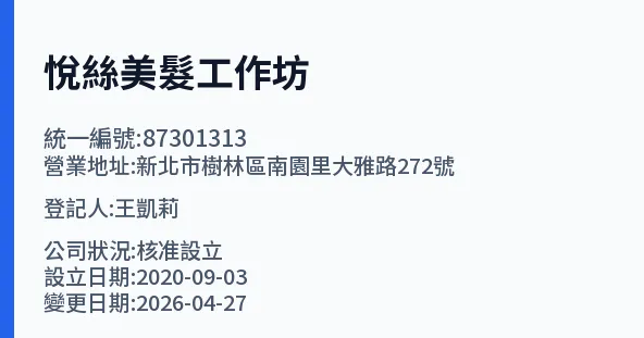 悅絲美髮工作坊的照片-統編 87301313(新北市) 公司登記資料與營業項目詳細圖表