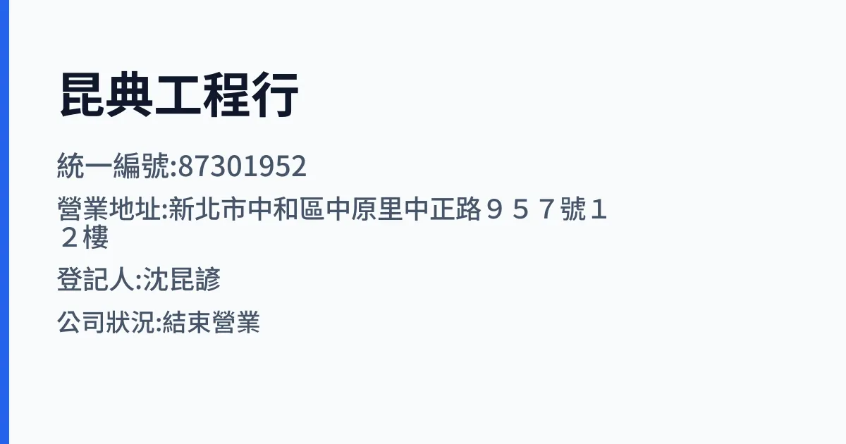 昆典工程行 - 統編 87301952(新北市) 公司登記資料與營業項目詳細圖表