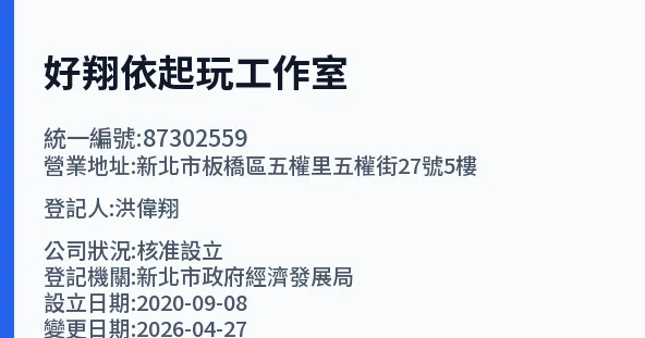 好翔依起玩工作室的照片-統編 87302559(新北市) 公司登記資料與營業項目詳細圖表