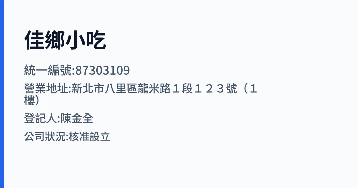 佳鄉小吃 - 統編 87303109(新北市) 公司登記資料與營業項目詳細圖表