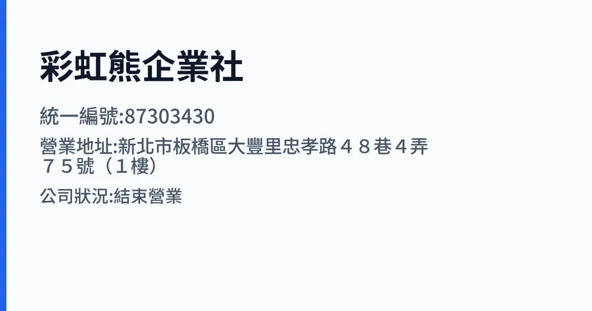 彩虹熊企業社 - 統編 87303430(新北市) 公司登記資料與營業項目詳細圖表