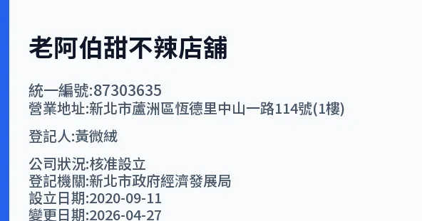 老阿伯甜不辣店舖的照片-統編 87303635(新北市) 公司登記資料與營業項目詳細圖表