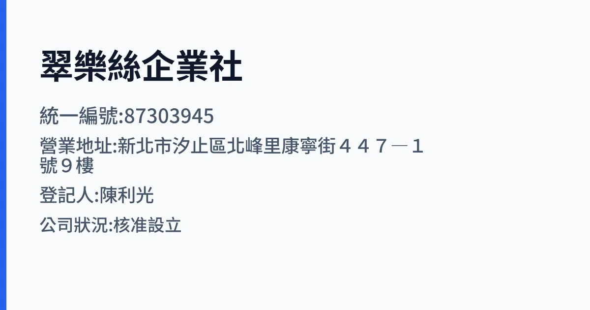 翠樂絲企業社 - 統編 87303945(新北市) 公司登記資料與營業項目詳細圖表