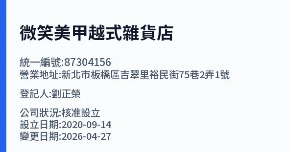 微笑美甲越式雜貨店的照片-統編 87304156(新北市) 公司登記資料與營業項目詳細圖表