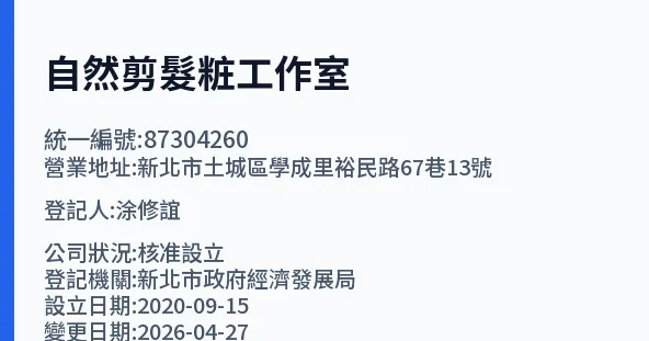 自然剪髮粧工作室的照片-統編 87304260(新北市) 公司登記資料與營業項目詳細圖表