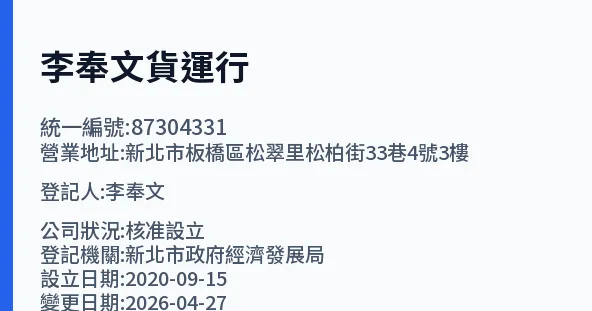 李奉文貨運行的照片-統編 87304331(新北市) 公司登記資料與營業項目詳細圖表