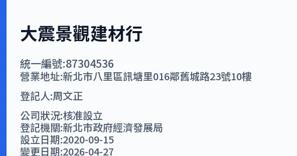 大震景觀建材行的照片-統編 87304536(新北市) 公司登記資料與營業項目詳細圖表