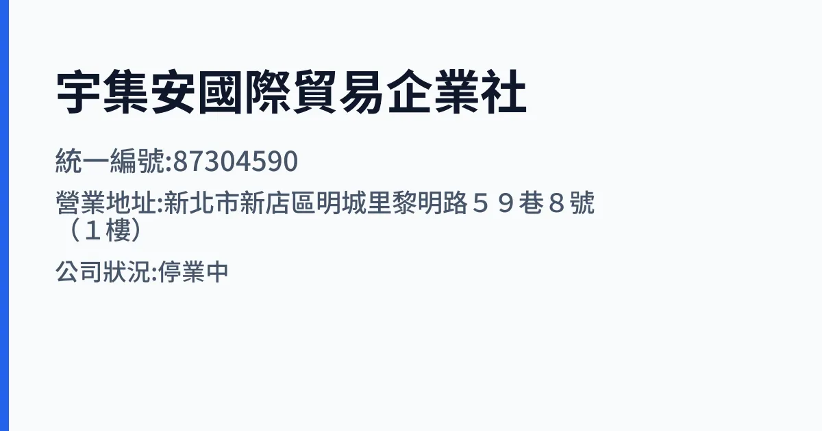 宇集安國際貿易企業社 - 統編 87304590(新北市) 公司登記資料與營業項目詳細圖表