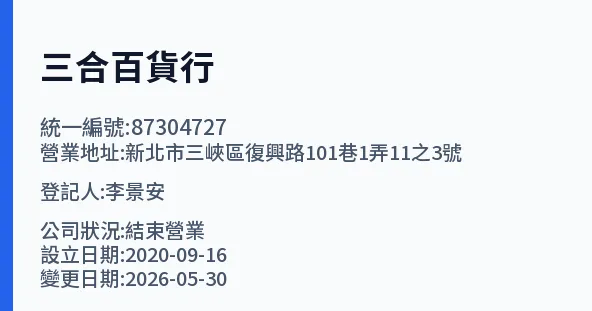 三合百貨行的照片-統編 87304727(新北市) 公司登記資料與營業項目詳細圖表